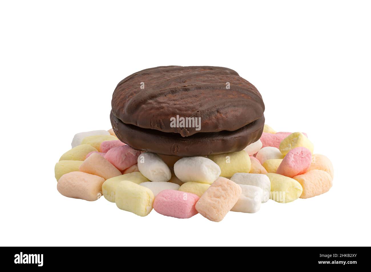 View of delicious choco pie on a pile of colorful marshmallow isolated ...