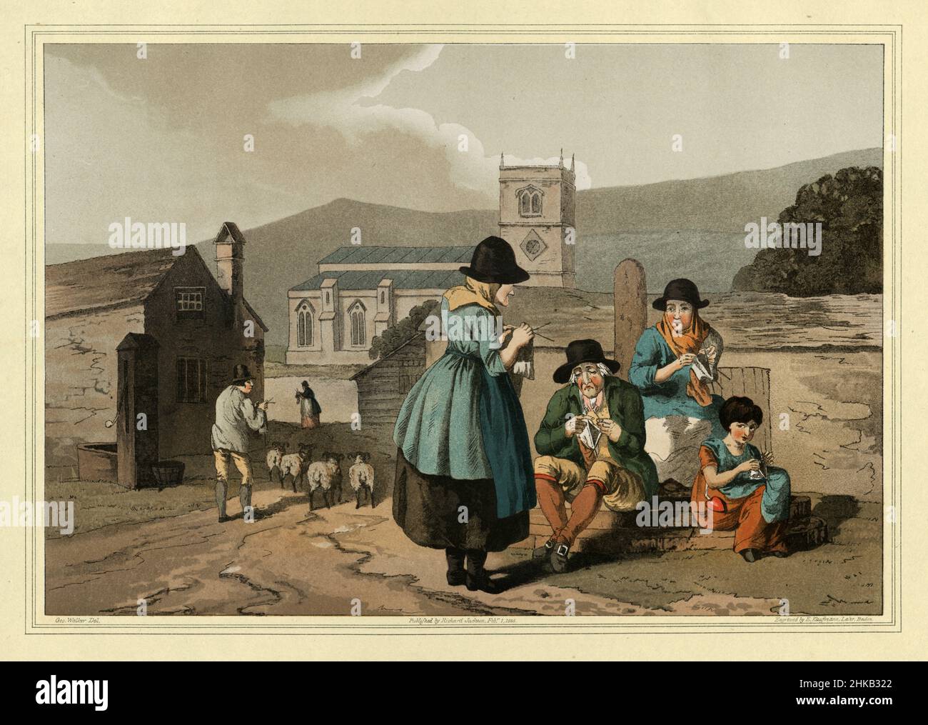 Vintage colour engraving of a Wensleydale Knitters. The Costume of ...