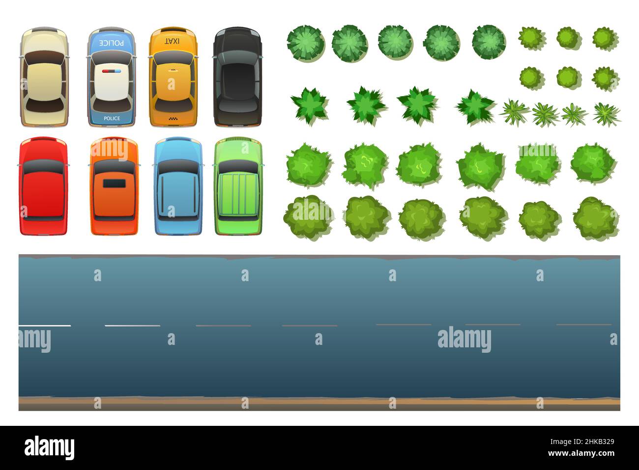 Set of automobile and road. View from above. Modern car. Cartoon cute ...