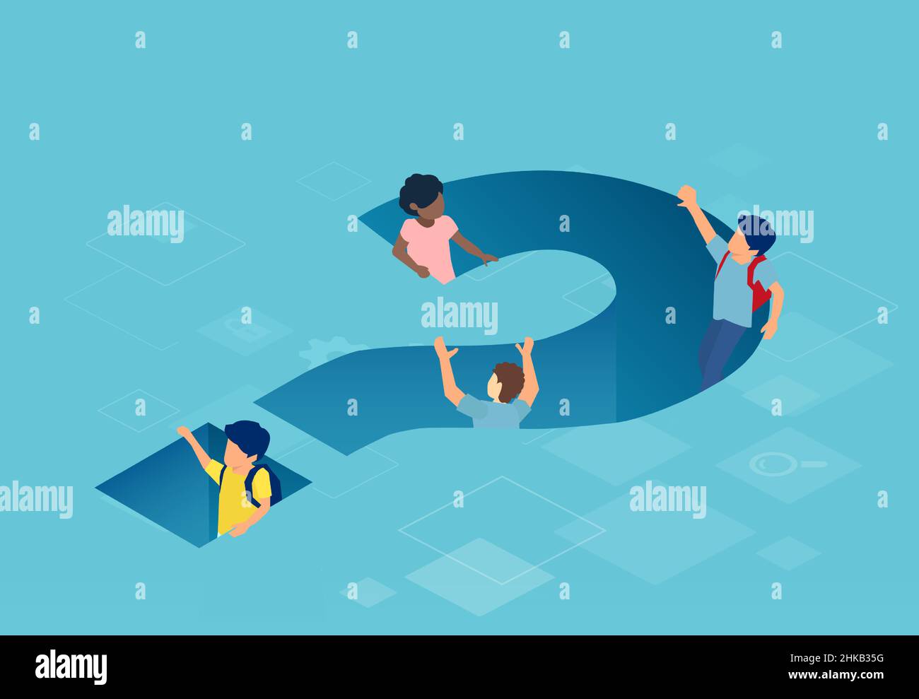 Vector of a group of children trying to escape from question mark hole ...
