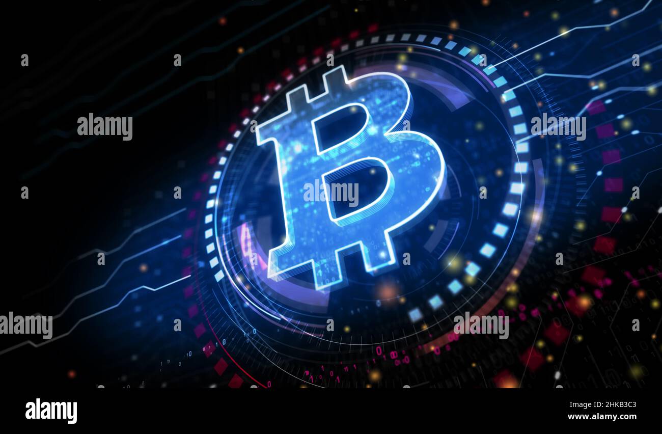 Bitcoin blockchain crypto currency and digital money symbol digital concept. Network, cyber ...