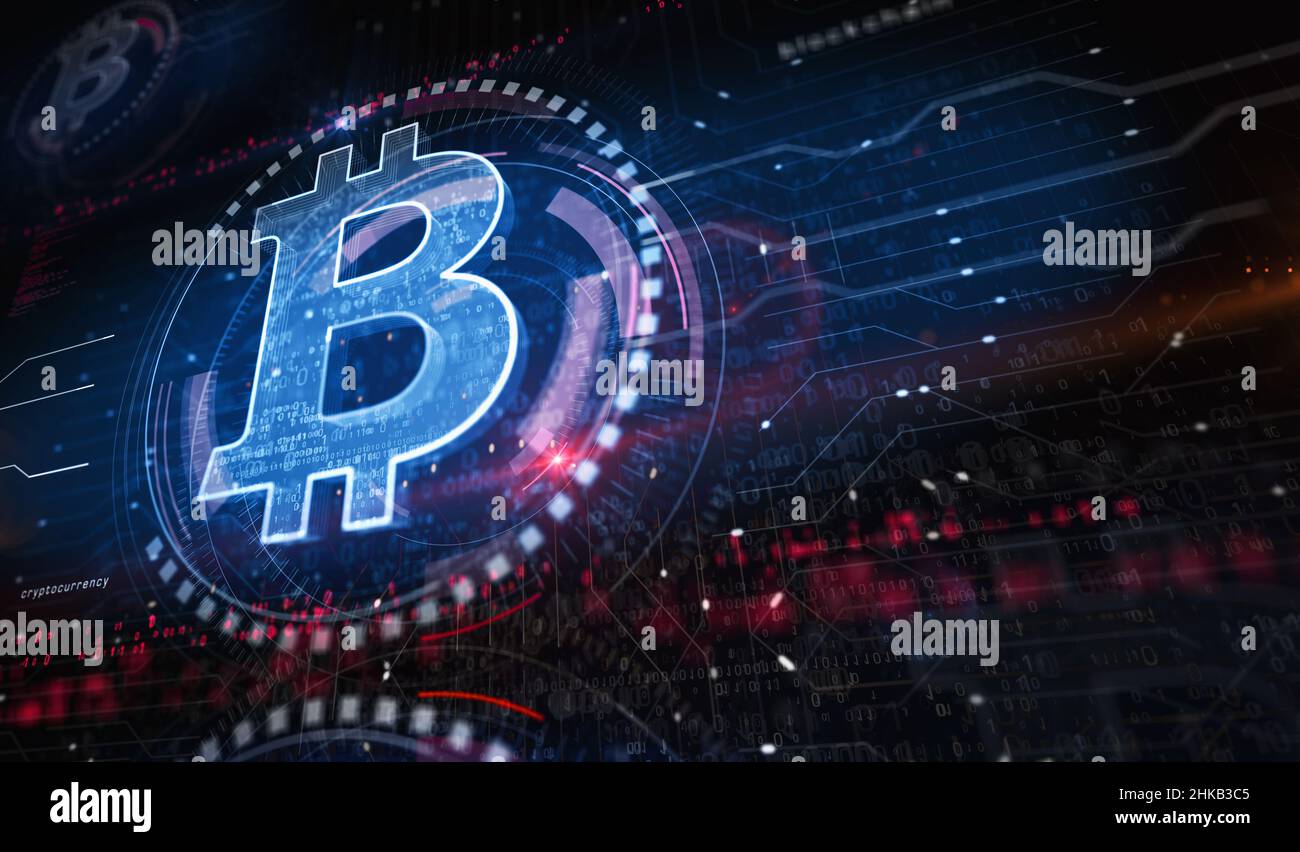 Bitcoin blockchain crypto currency and digital money symbol digital concept. Network, cyber ...