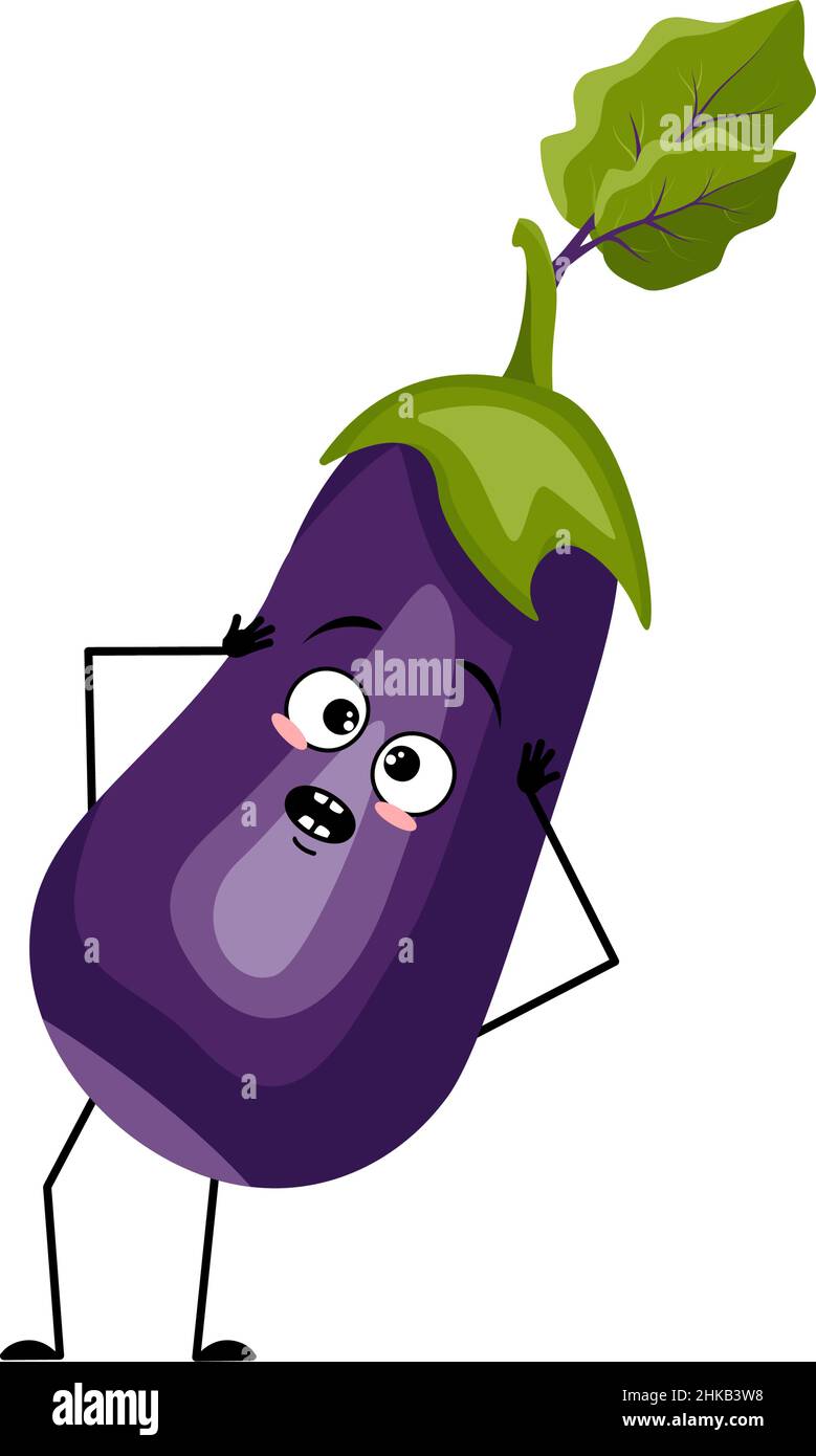 Eggplant character with emotions in panic grabs his head, surprised ...