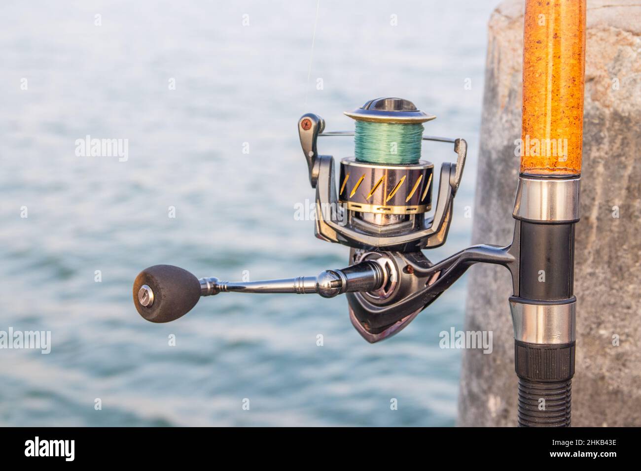 The crank of a fishing rod with reel foot, reel seat, spool, coiled ...
