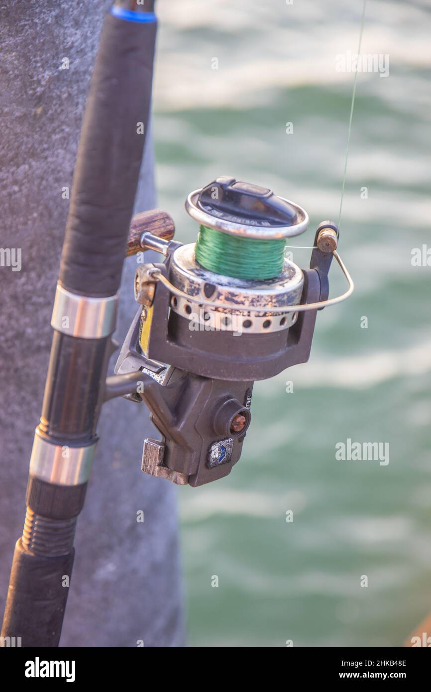 The crank of a fishing rod with reel foot, reel seat, spool, coiled ...