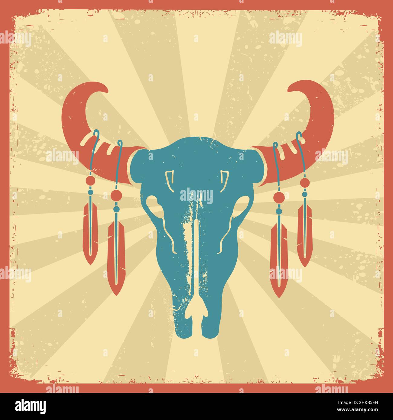 Cow skull with feathers on Vintage grunge poster of Western symbol of ...