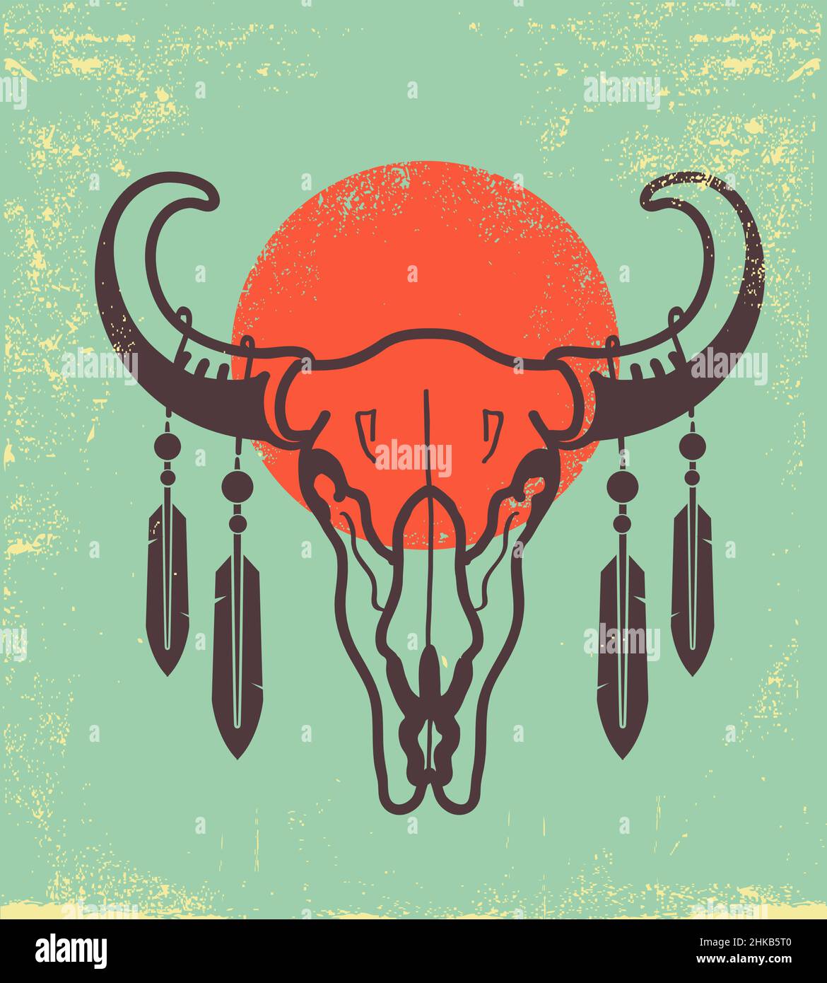 Cow skull with feathers on Vintage grunge poster of Western symbol of ...