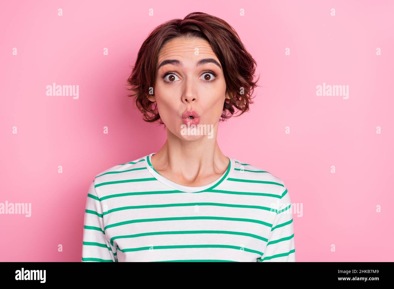 Portrait of attractive amazed girlish girl sudden news reaction pout ...