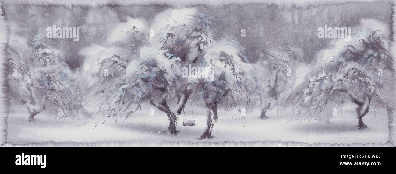 Winter landscape in grey color watercolor background Stock Photo - Alamy