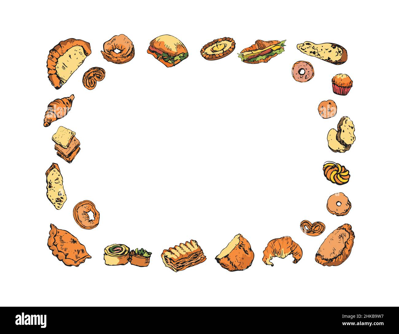 Rectangular doodle frame made of bakery items, bread, pastry, snacks ...