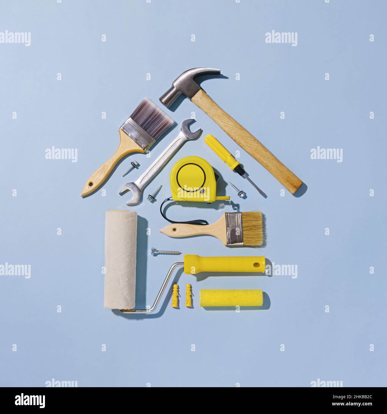 Creative flat lay still life with an assortment of household tools ...