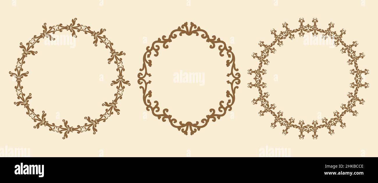 Set of round decorative frames in vintage style. Brown circular ...