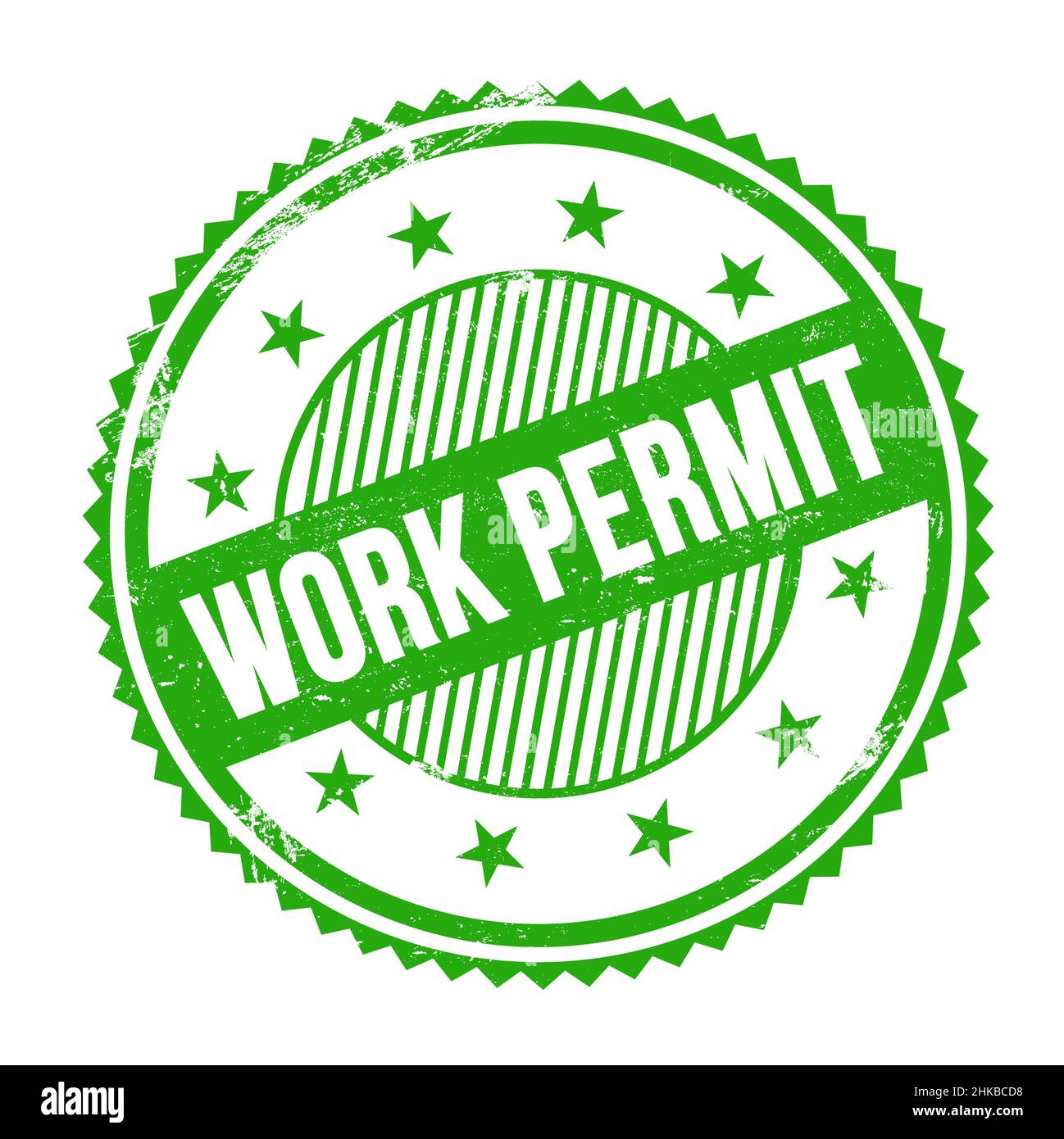 WORK PERMIT text written on green grungy zig zag borders round stamp ...