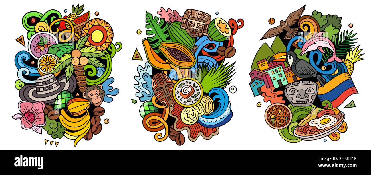 Colombia cartoon vector doodle designs set. Colorful detailed ...