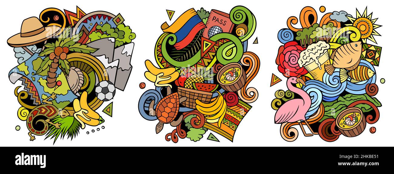 Ecuador cartoon vector doodle designs set. Colorful detailed ...