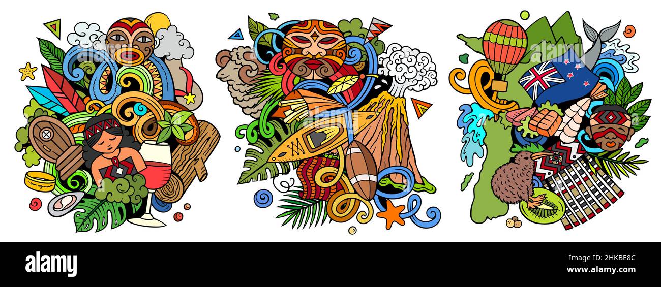 New Zealand cartoon vector doodle designs set. Colorful detailed ...