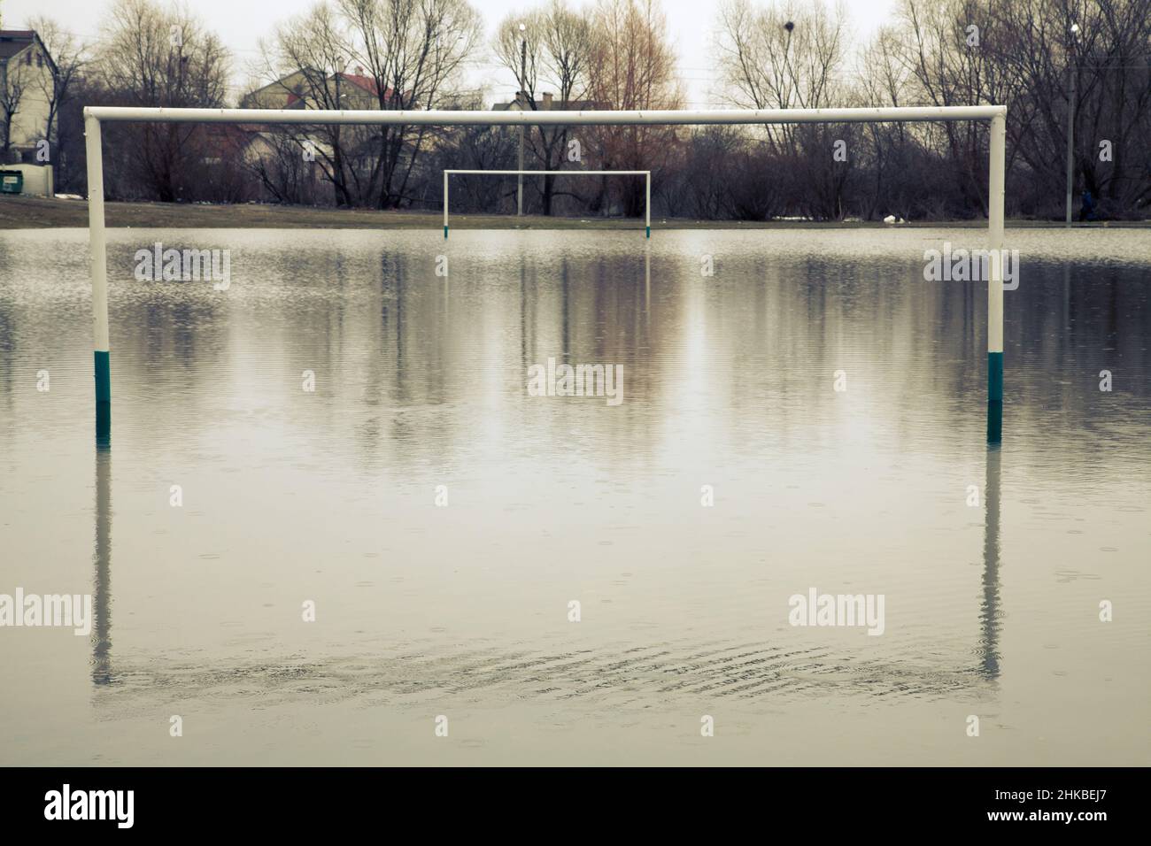 Ruined Football Pitch Drowned under Water after Heavy Rain. Fooball ...