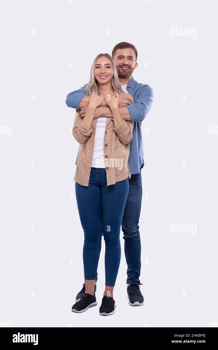 Couple Standing Hugging Looking Front Isolated. Man and Woman Hugging ...