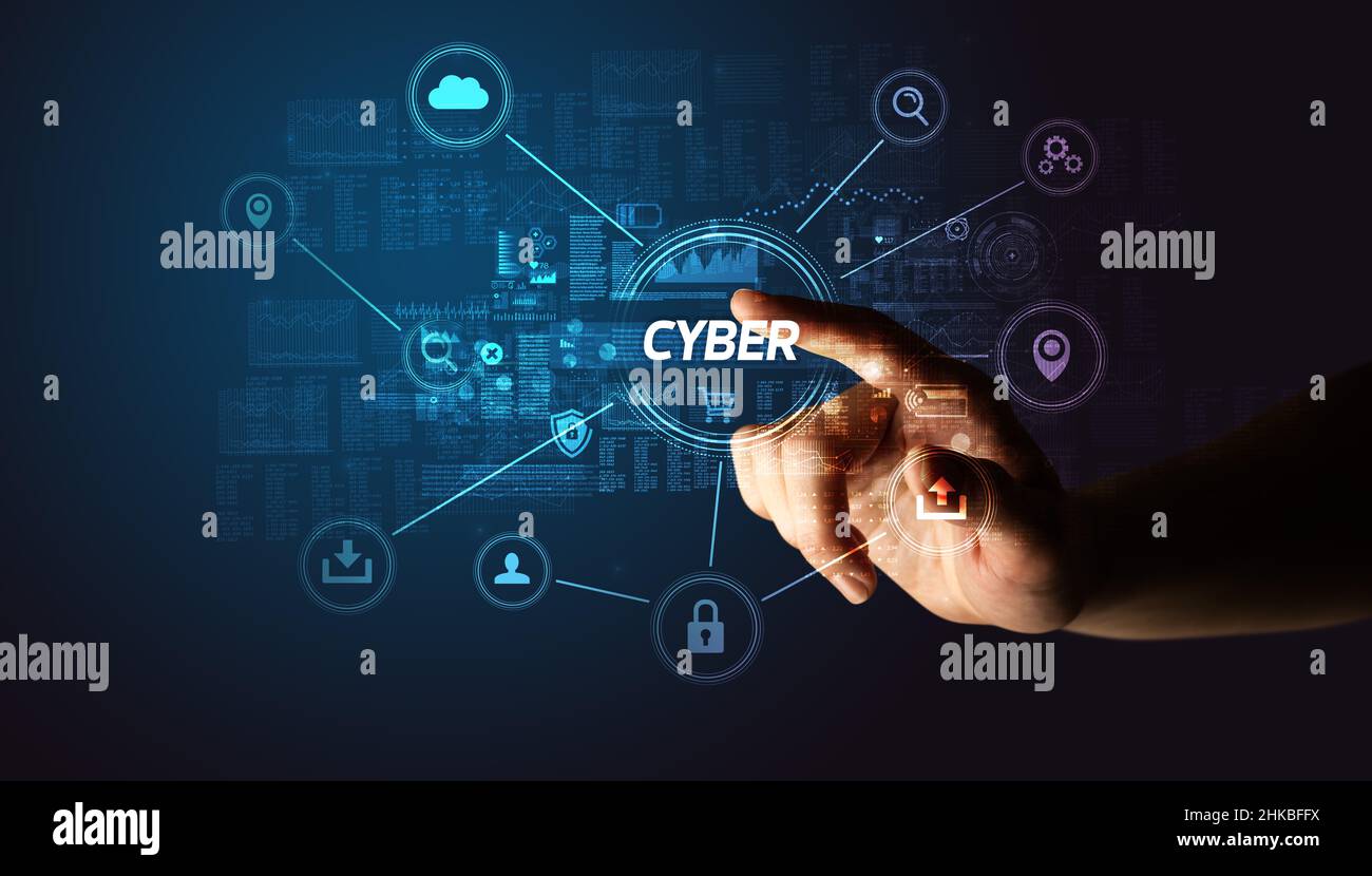 Hand touching cybersecurity button Stock Photo - Alamy