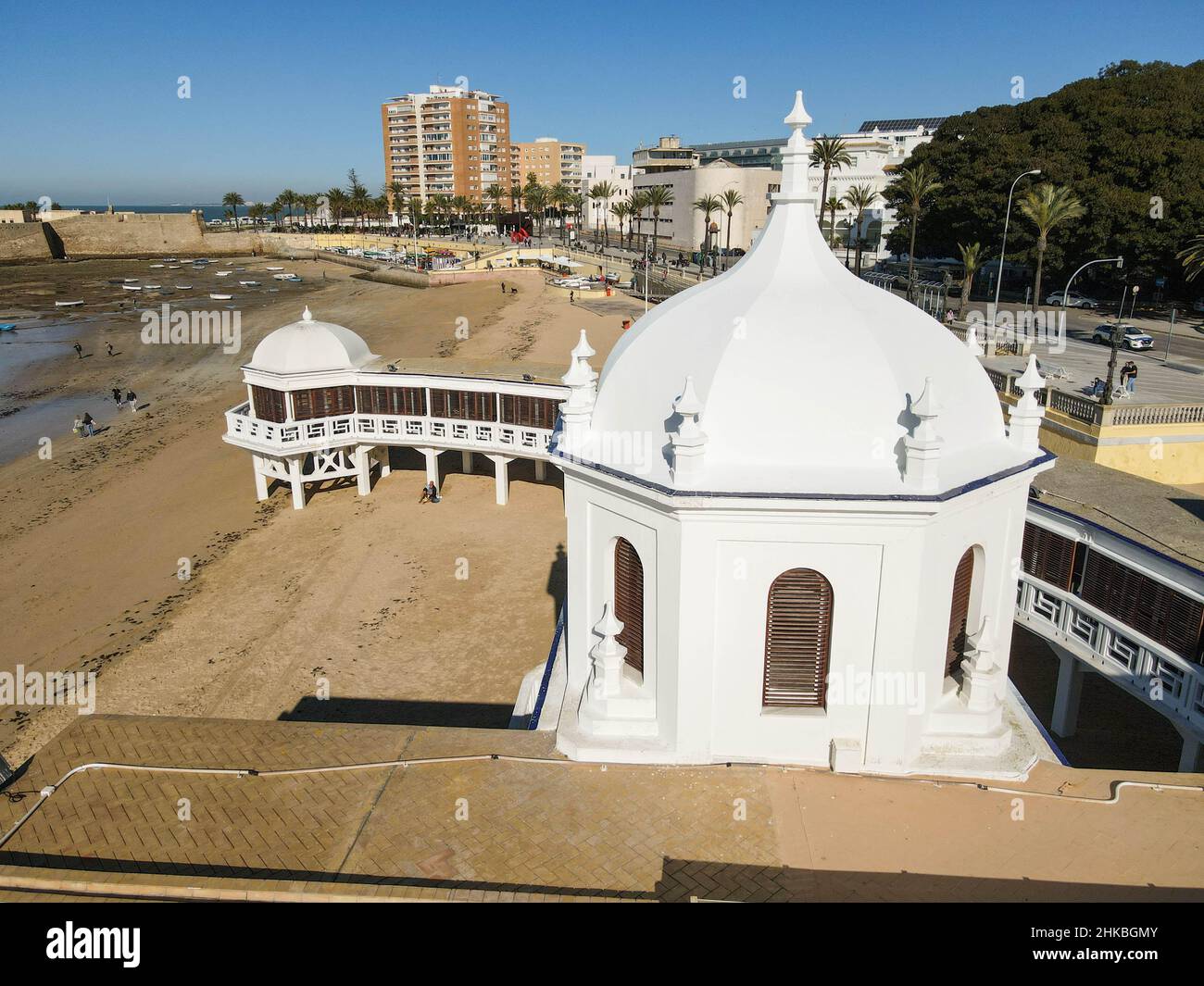 Drone view at La Caleta beach in Cadiz on Spain Stock Photo - Alamy