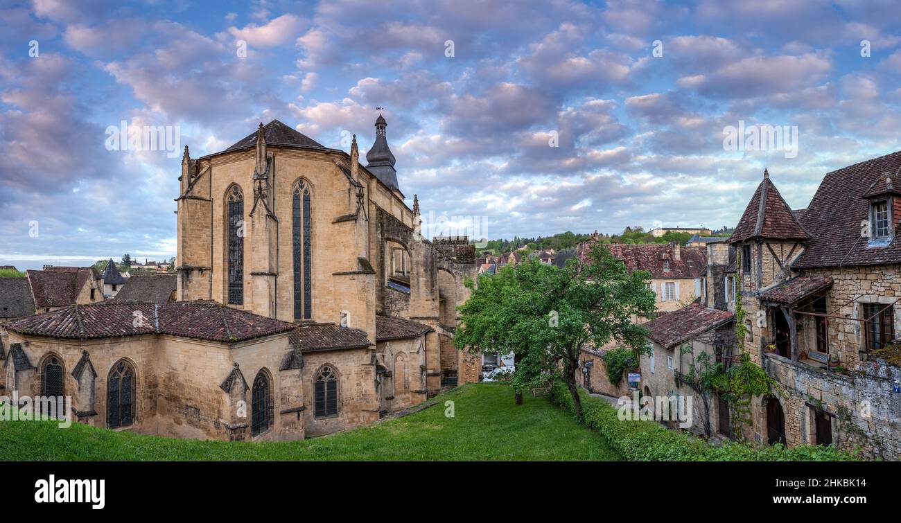 Panoramic of Sarlat Cathedral at sunrise with medieval architecture and ...