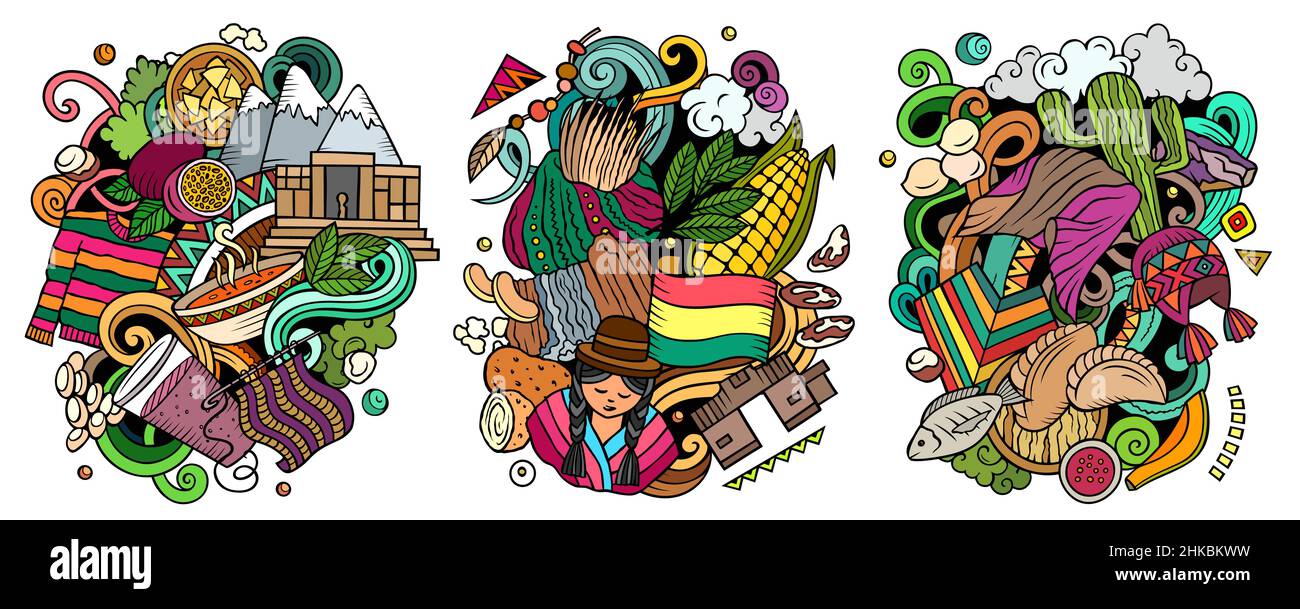 Bolivia cartoon vector doodle designs set. Colorful detailed ...