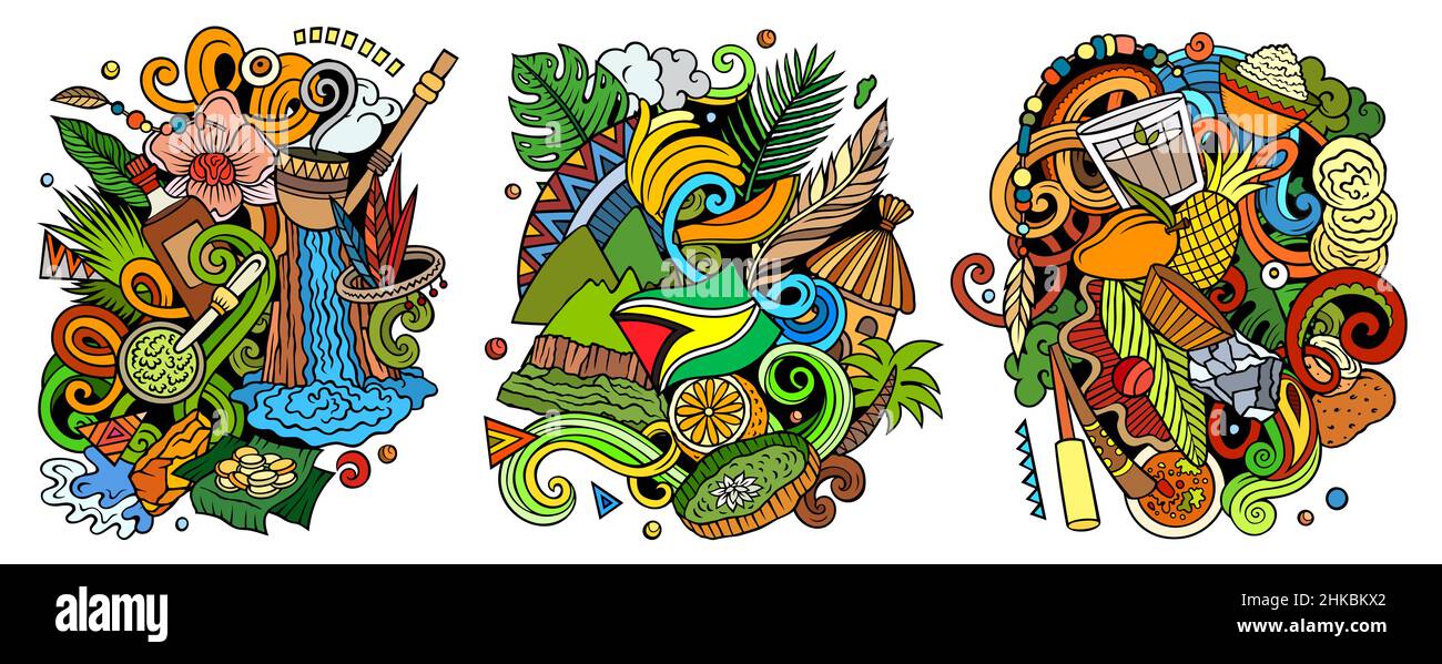 Guyana cartoon vector doodle designs set. Colorful detailed ...