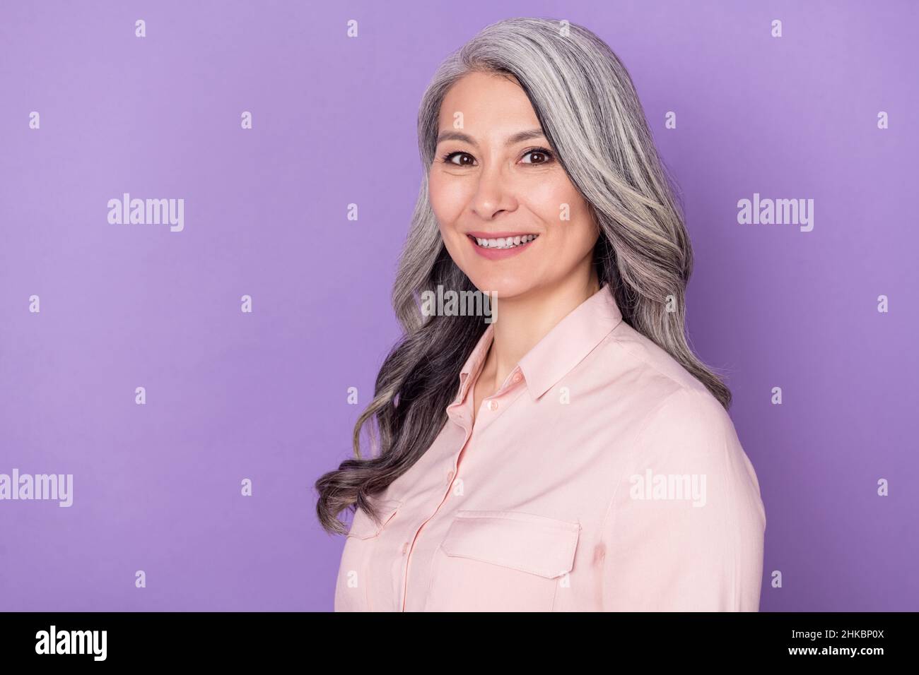 Profile side view portrait of attractive cheerful grey-haired woman ...