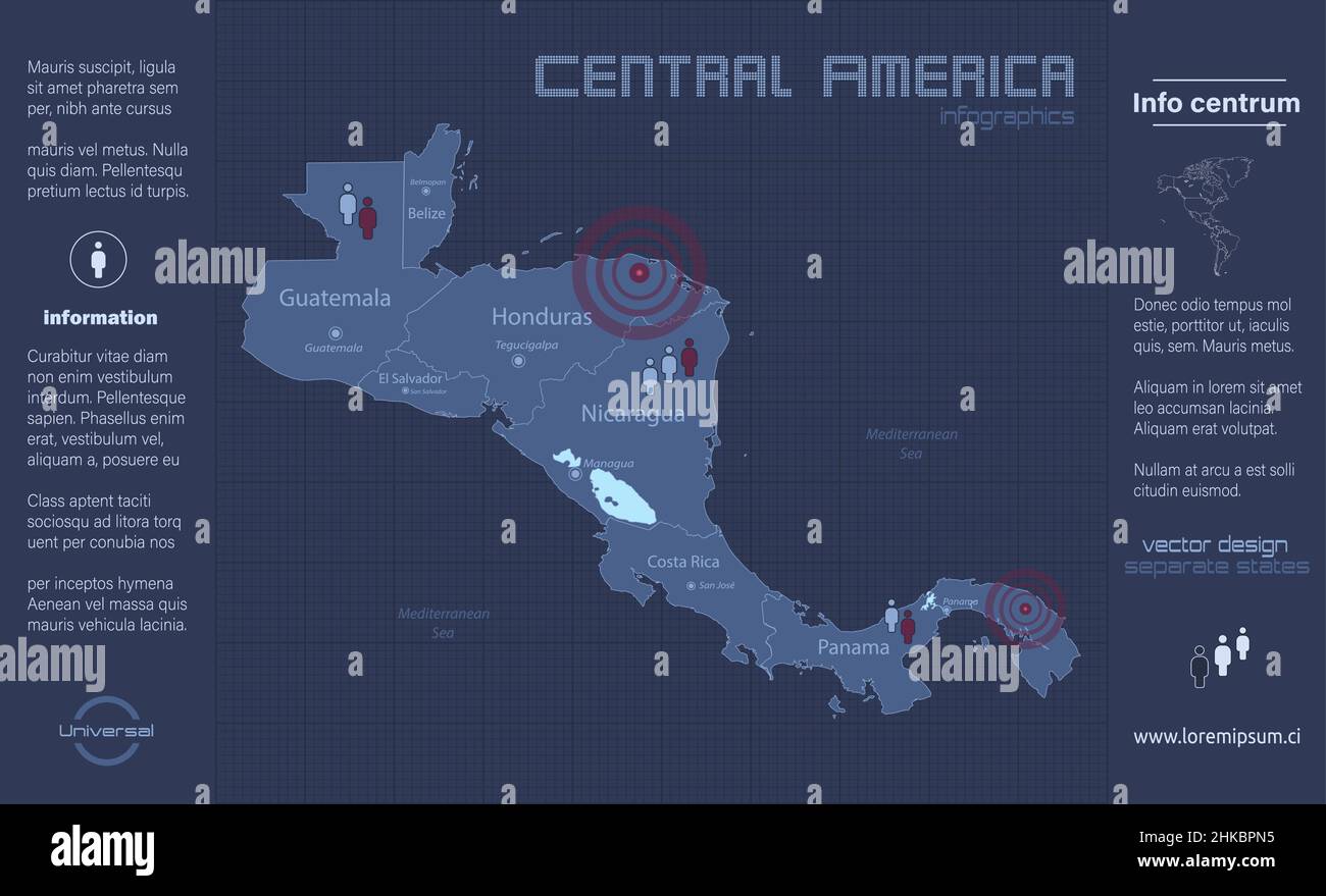 Central America map, separate regions with names, infographics blue ...