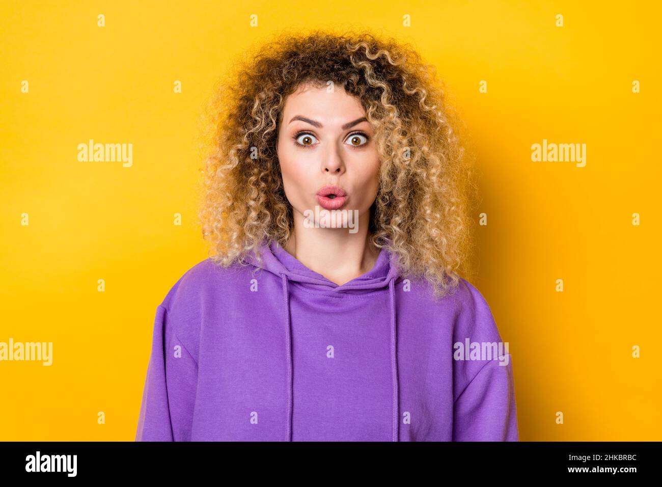 Photo of young pretty woman impressed stupor fake novelty reaction ...