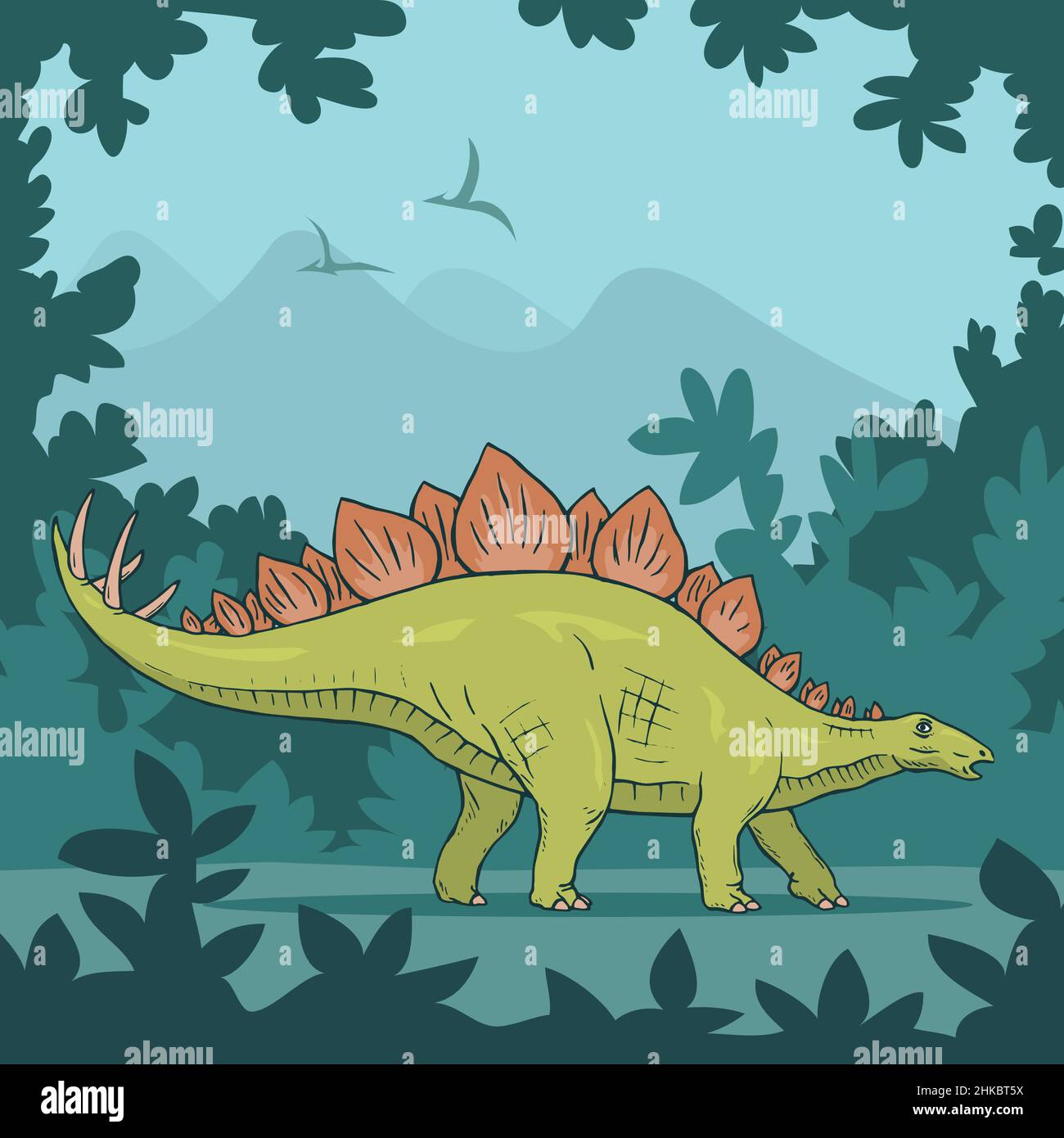 Herbivore stegosaurus on the background of an ancient forest. An ...
