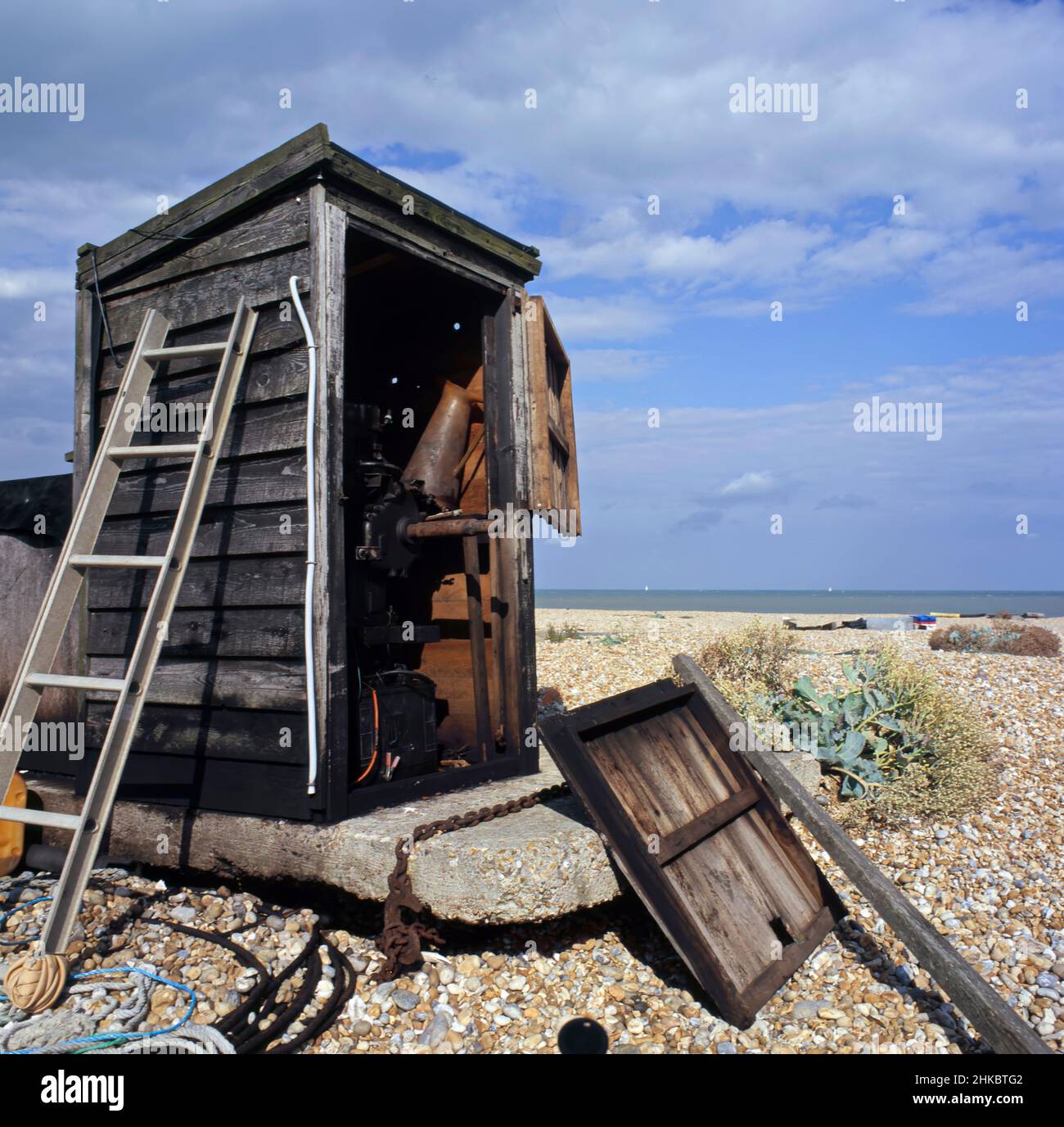 Shed on the shingle at Dungeness, Kent, England. There are many ...
