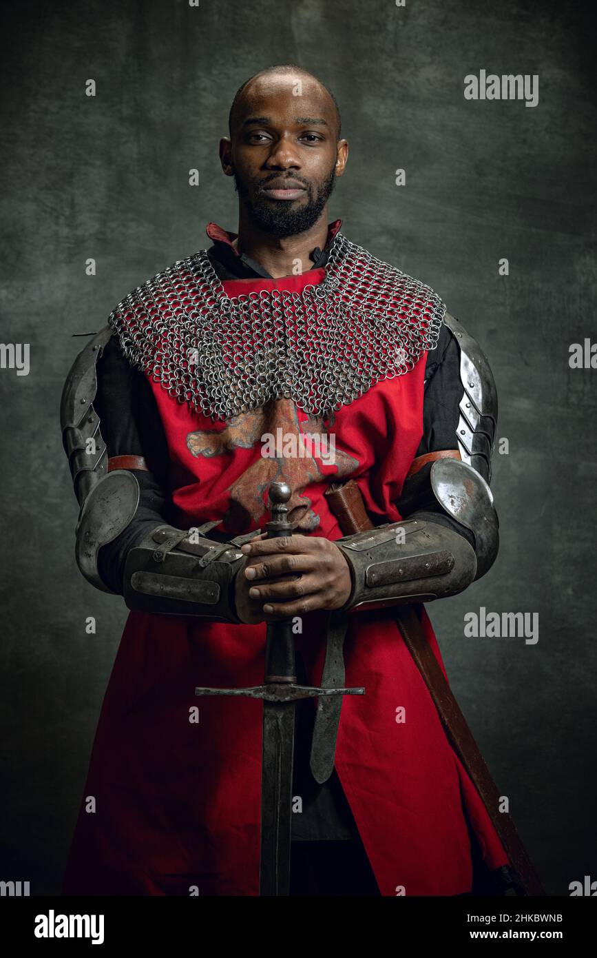 Medieval knight. Portrait of brutal african man, medieval warrior ...