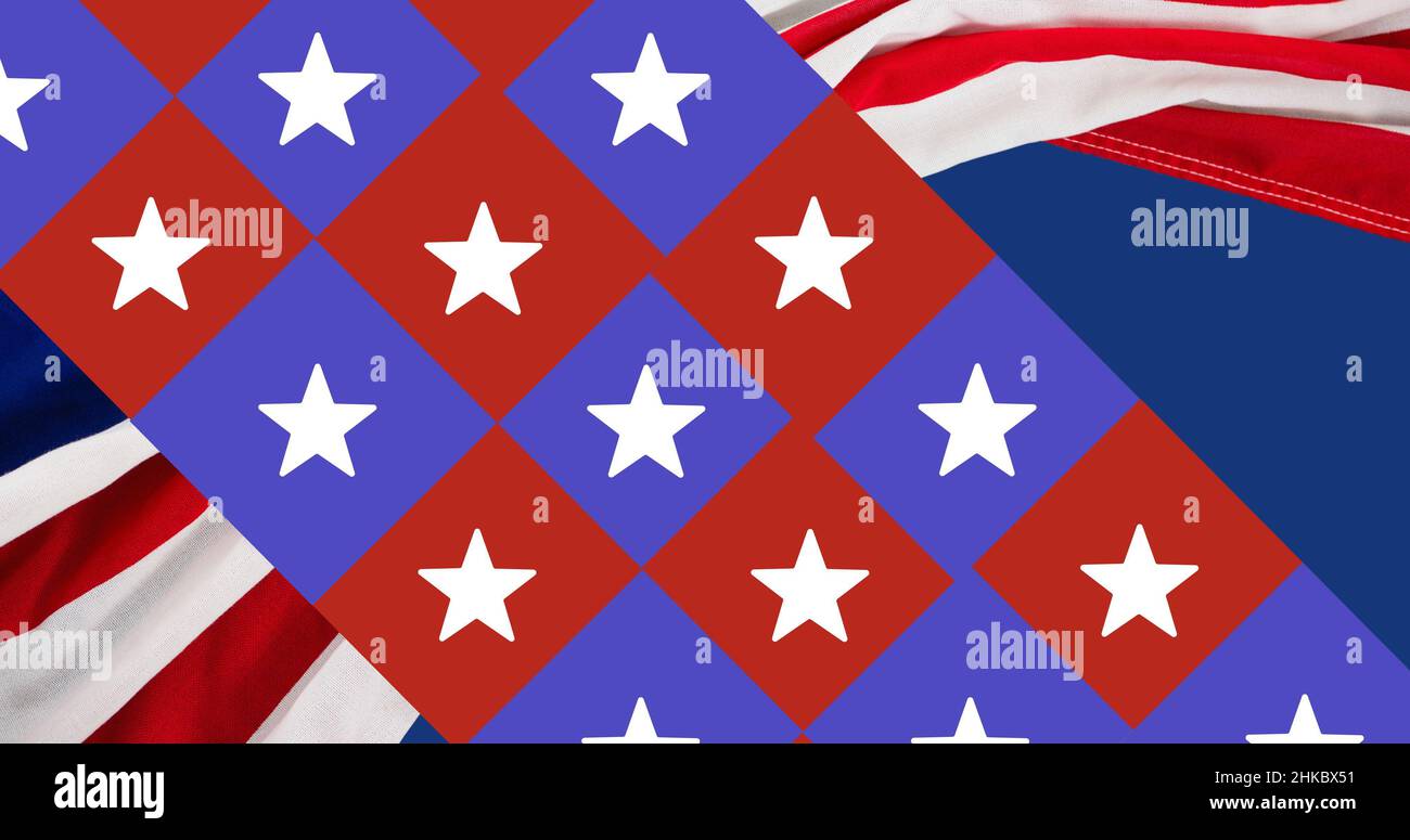 Vector image of stars on checked pattern over fabric american flag on ...
