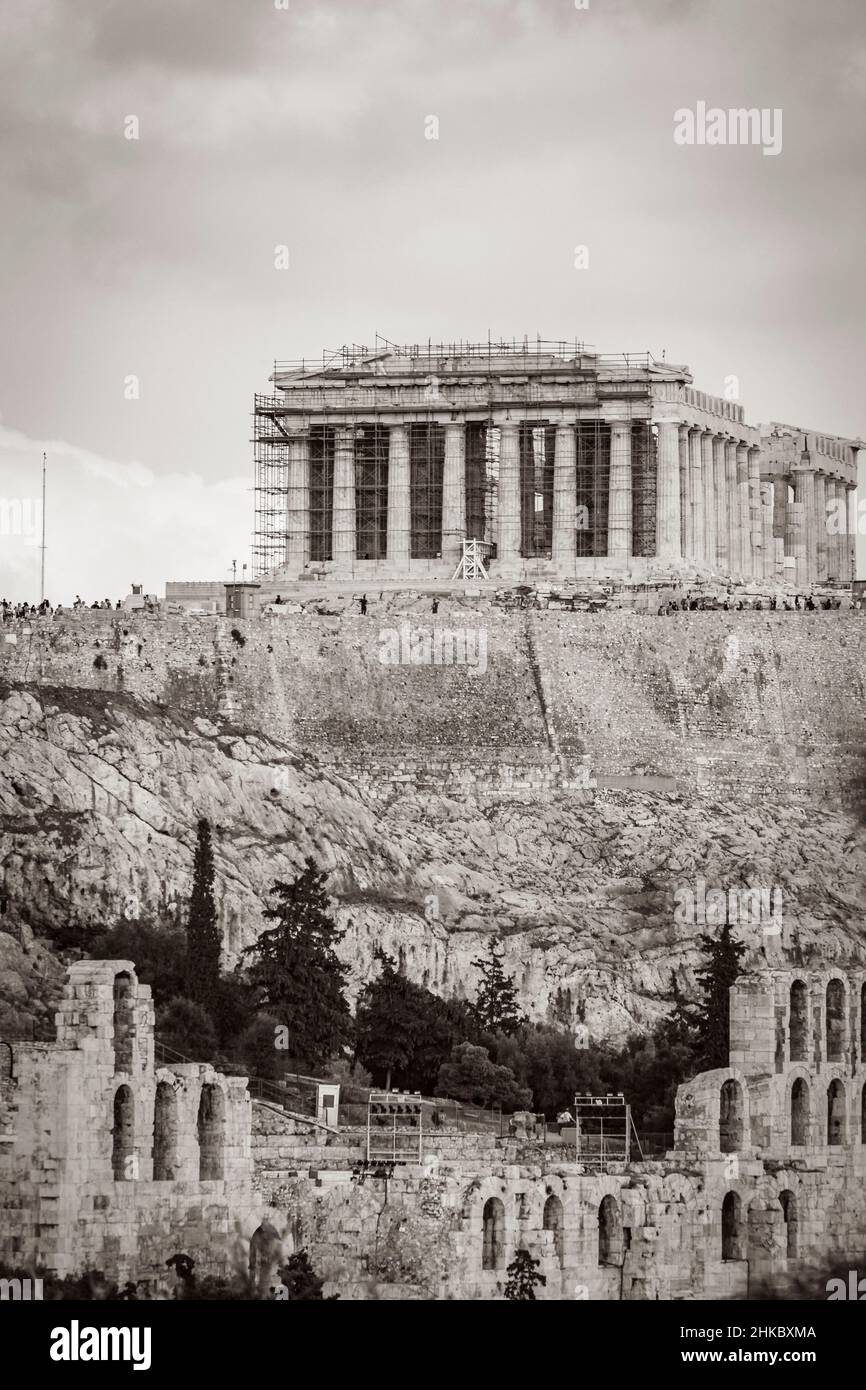 Black and white picture of Acropolis of Athens on hill with amazing and ...