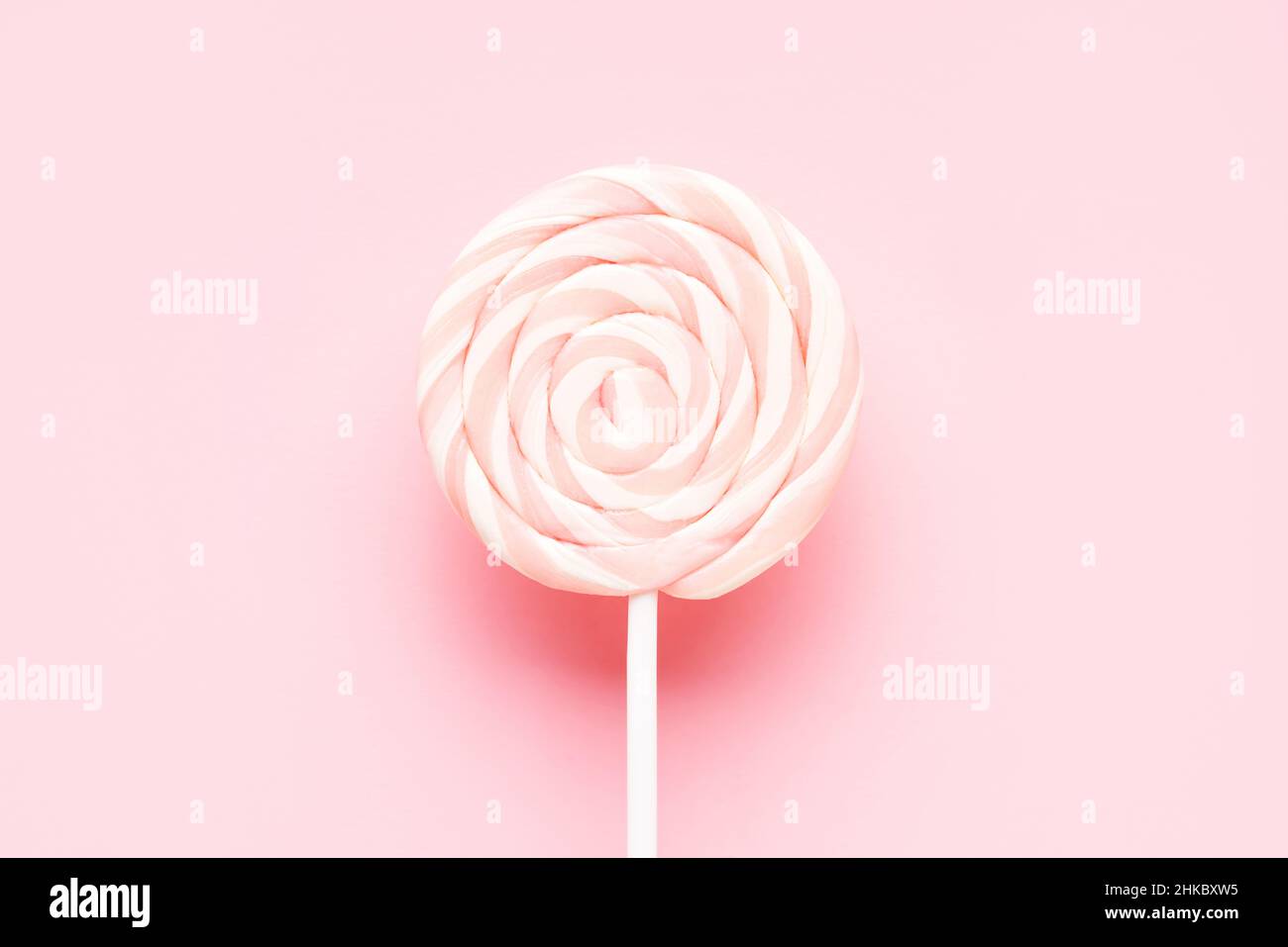 Pink lollipop on a white stick on a light pink background. Top view ...