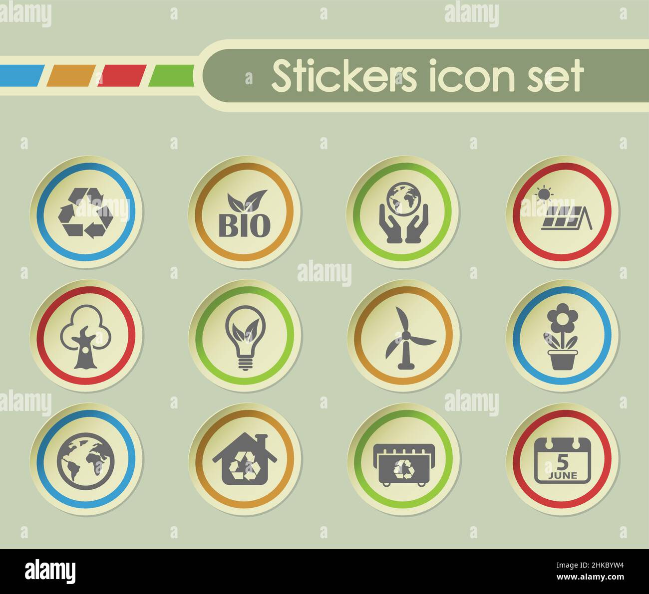 world environment day simple vector icons on round stickers Stock ...