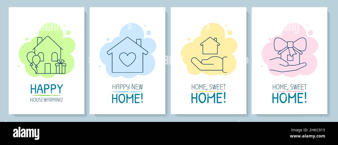 Congrats on happy housewarming postcard with linear glyph icon set ...