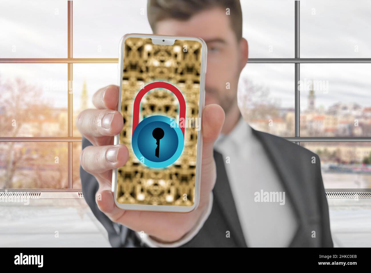 Smart phone with closed lock on white background, security concept ...