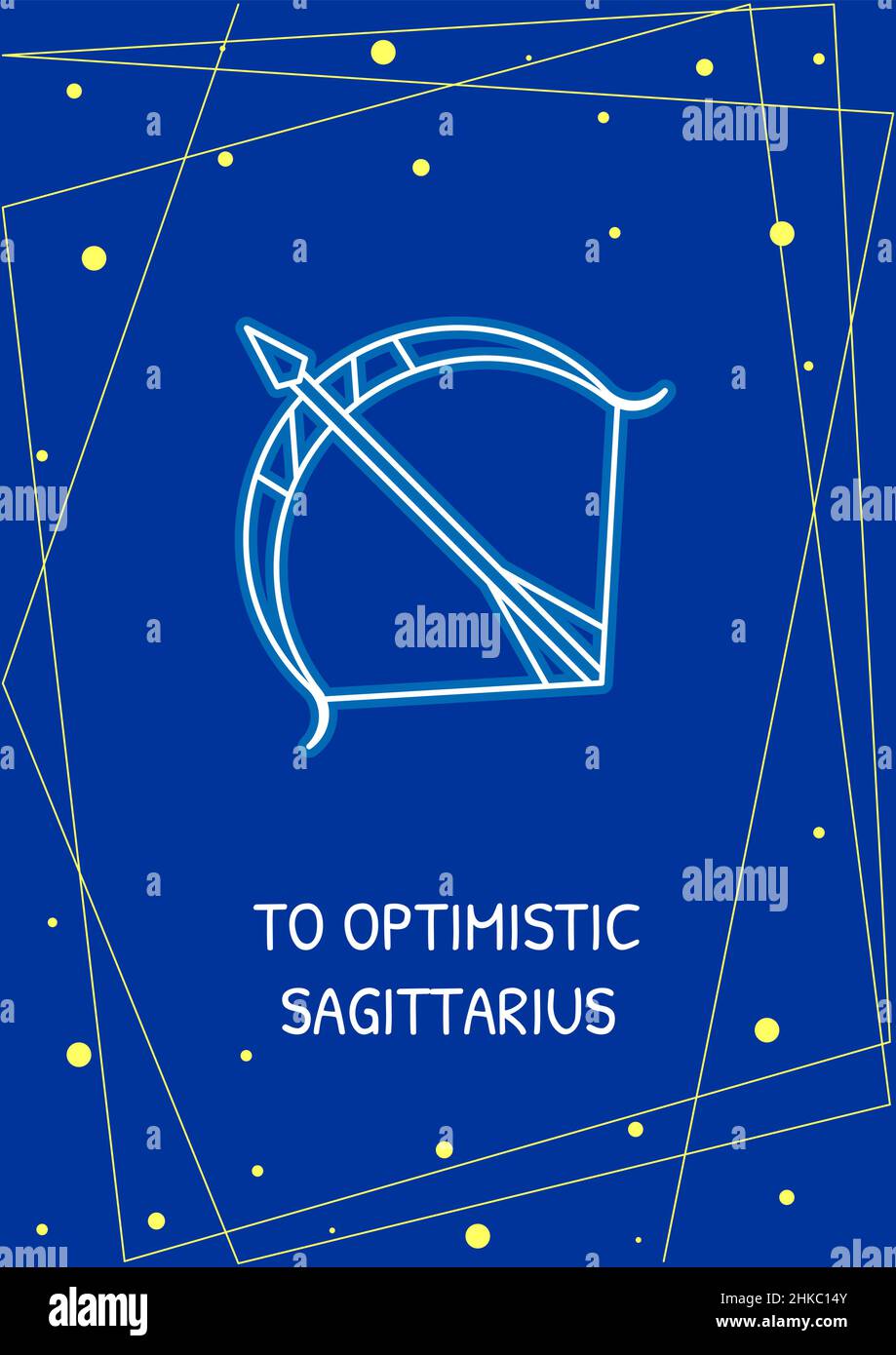 Greetings to optimistic sagittarius postcard with linear glyph icon ...