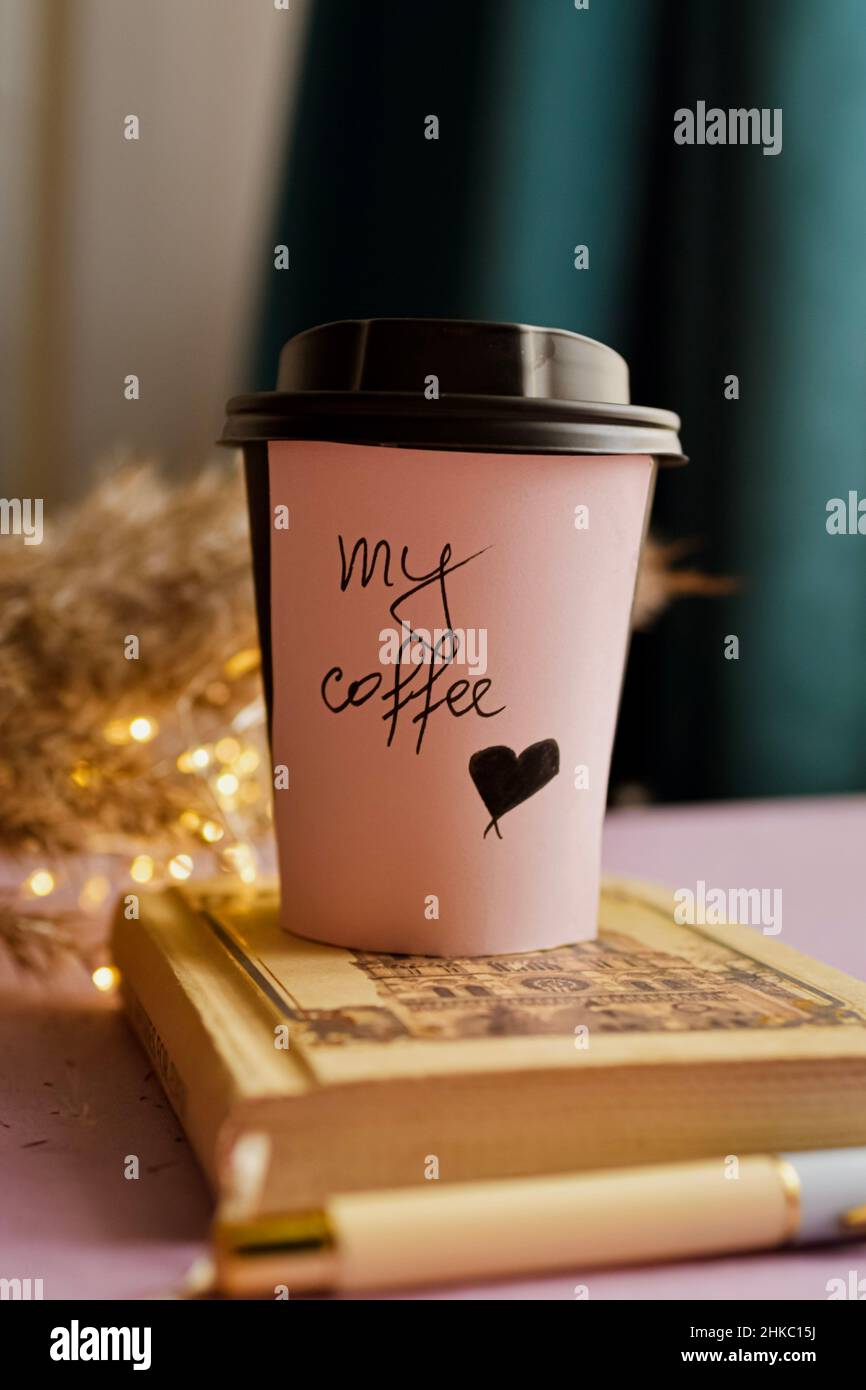 Cup of coffee and open notebook on table. High quality photo Stock ...