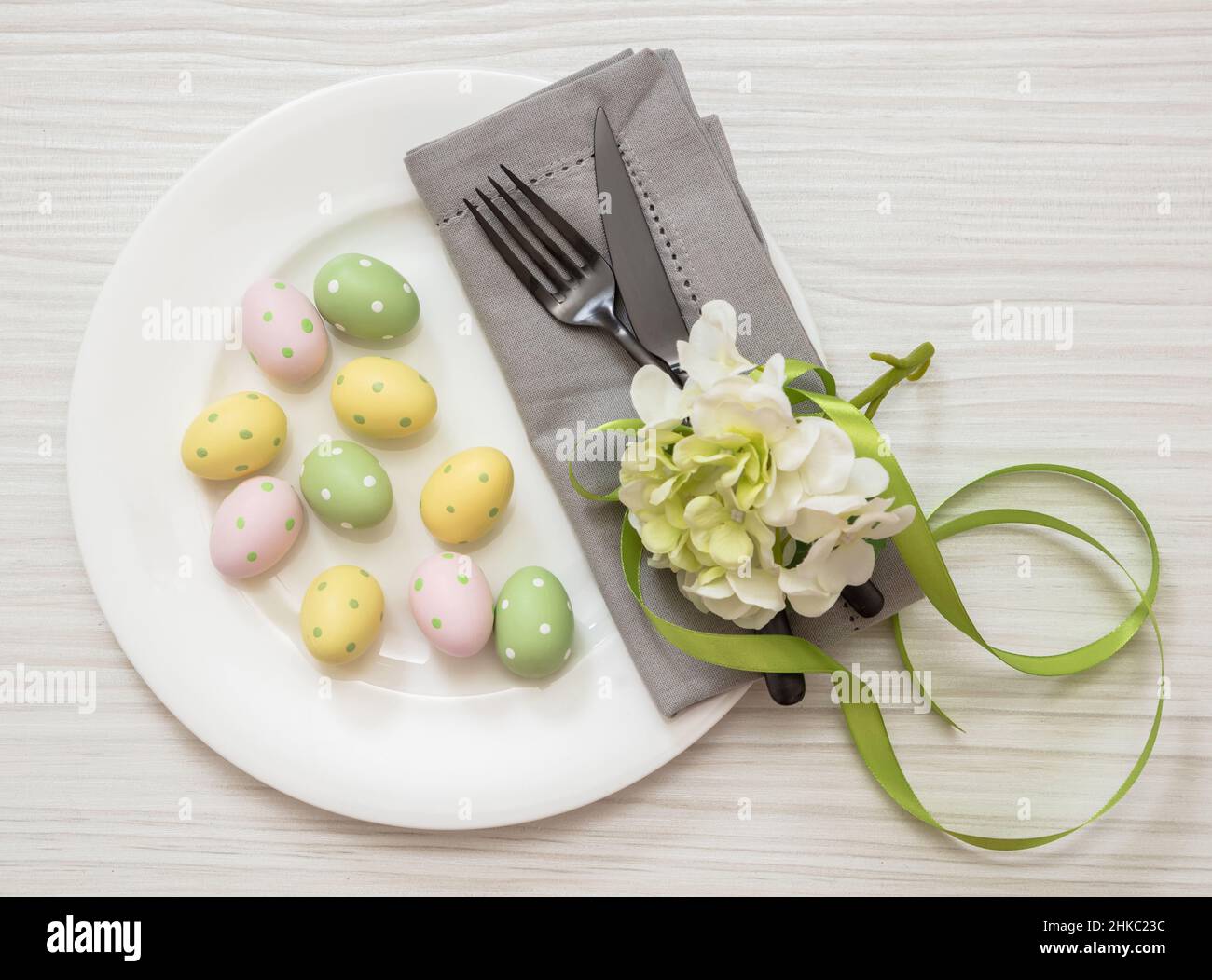 Easter Holiday table setting, Egg pastel color and hydrangea flower ...