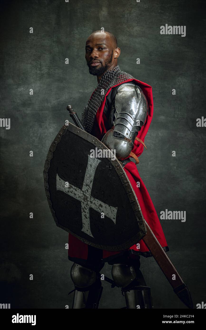 Medieval knight. Portrait of brutal african man, medieval warrior ...