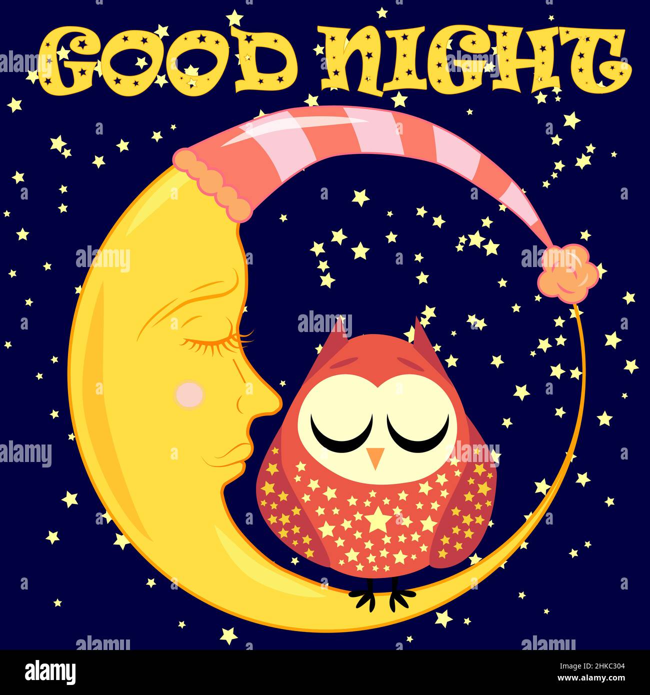 Good night. Postcard with a dormant crescent, a cute cartoon owl and ...