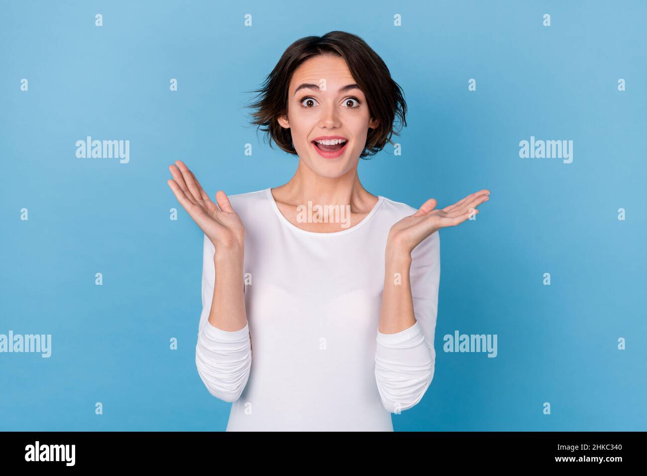 Photo of happy emotion female stare gaze with open mouth see huge sale ...