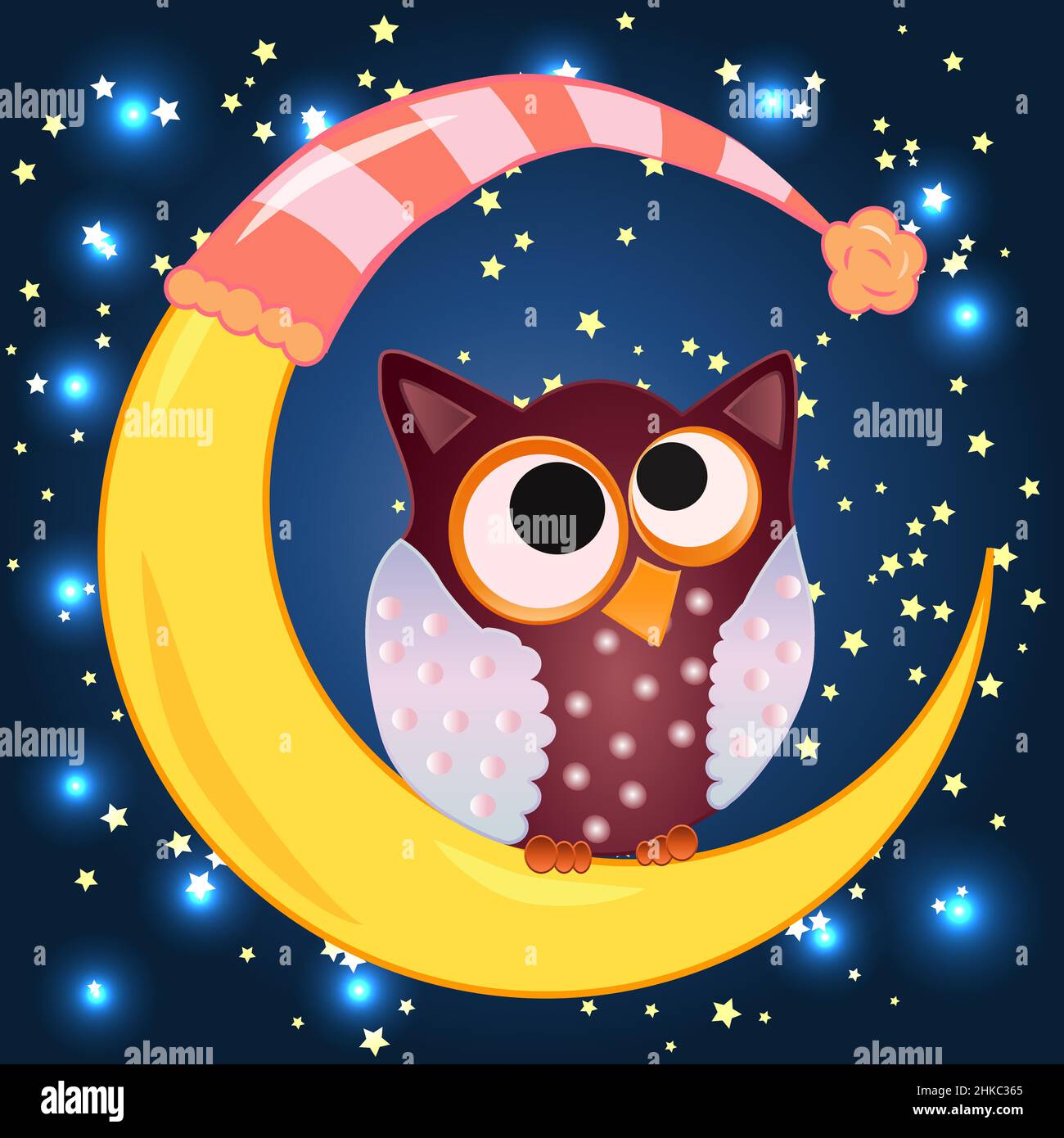 A sweet cartoon owl in a sleeping cap sits on drowsy crescent moon ...