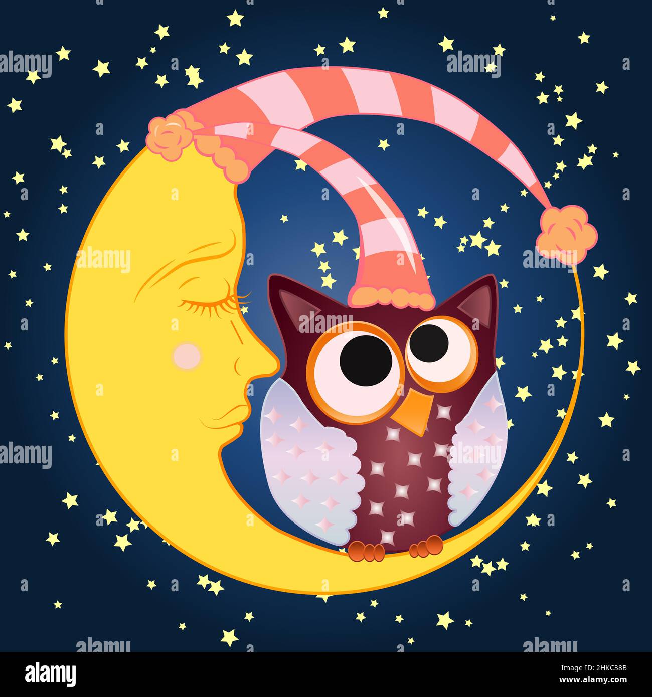A sweet cartoon owl in a sleeping cap sits on drowsy crescent moon ...