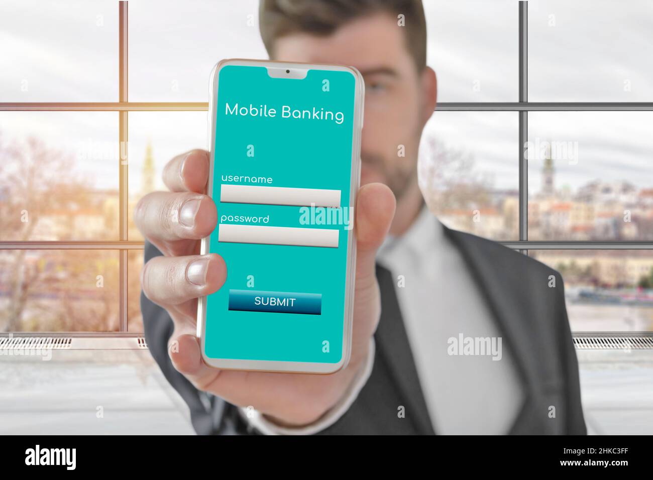 Business, Hand holding smart phone with mobile banking login box Stock ...