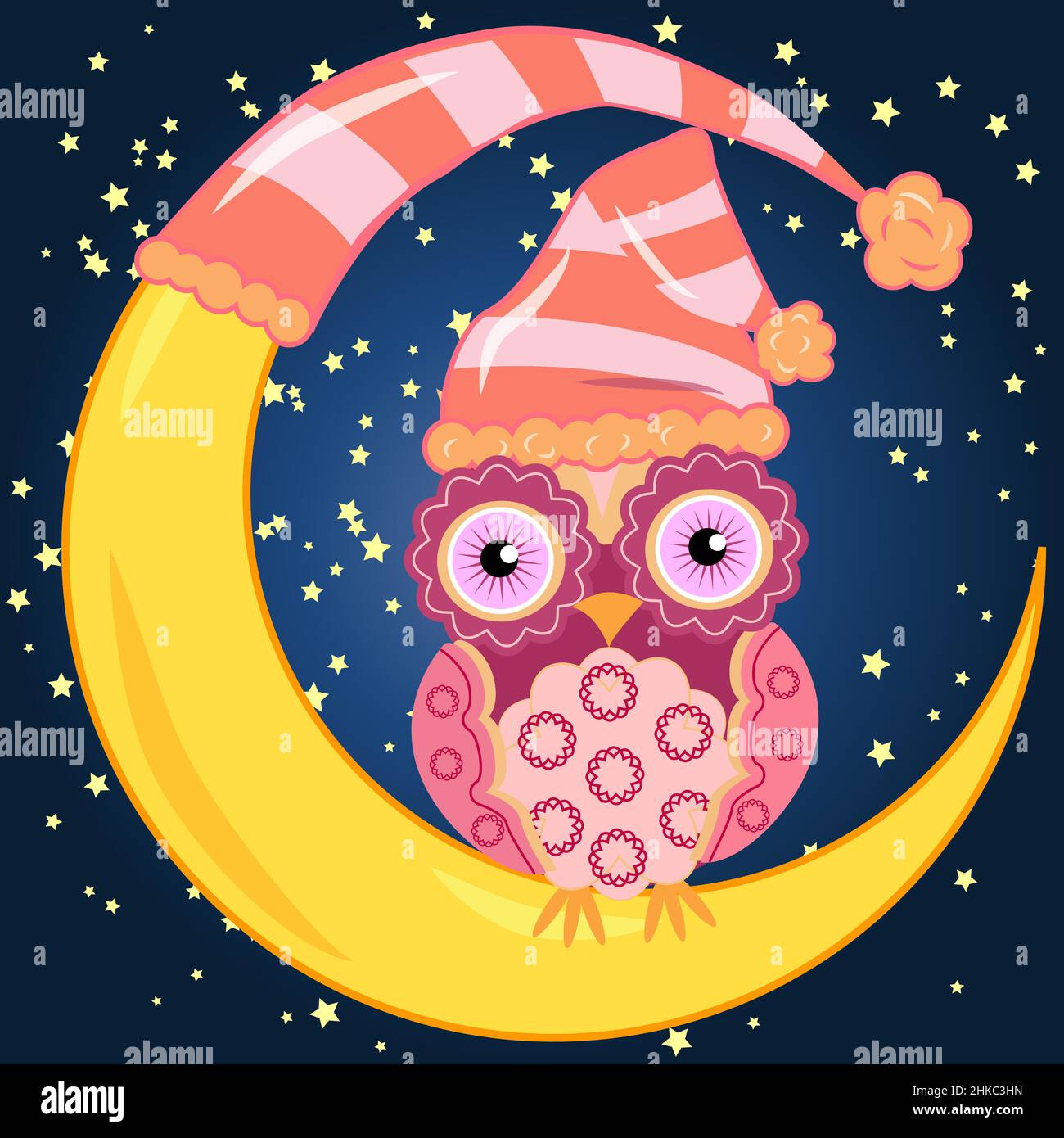 A sweet cartoon owl in a sleeping cap sits on drowsy crescent moon ...