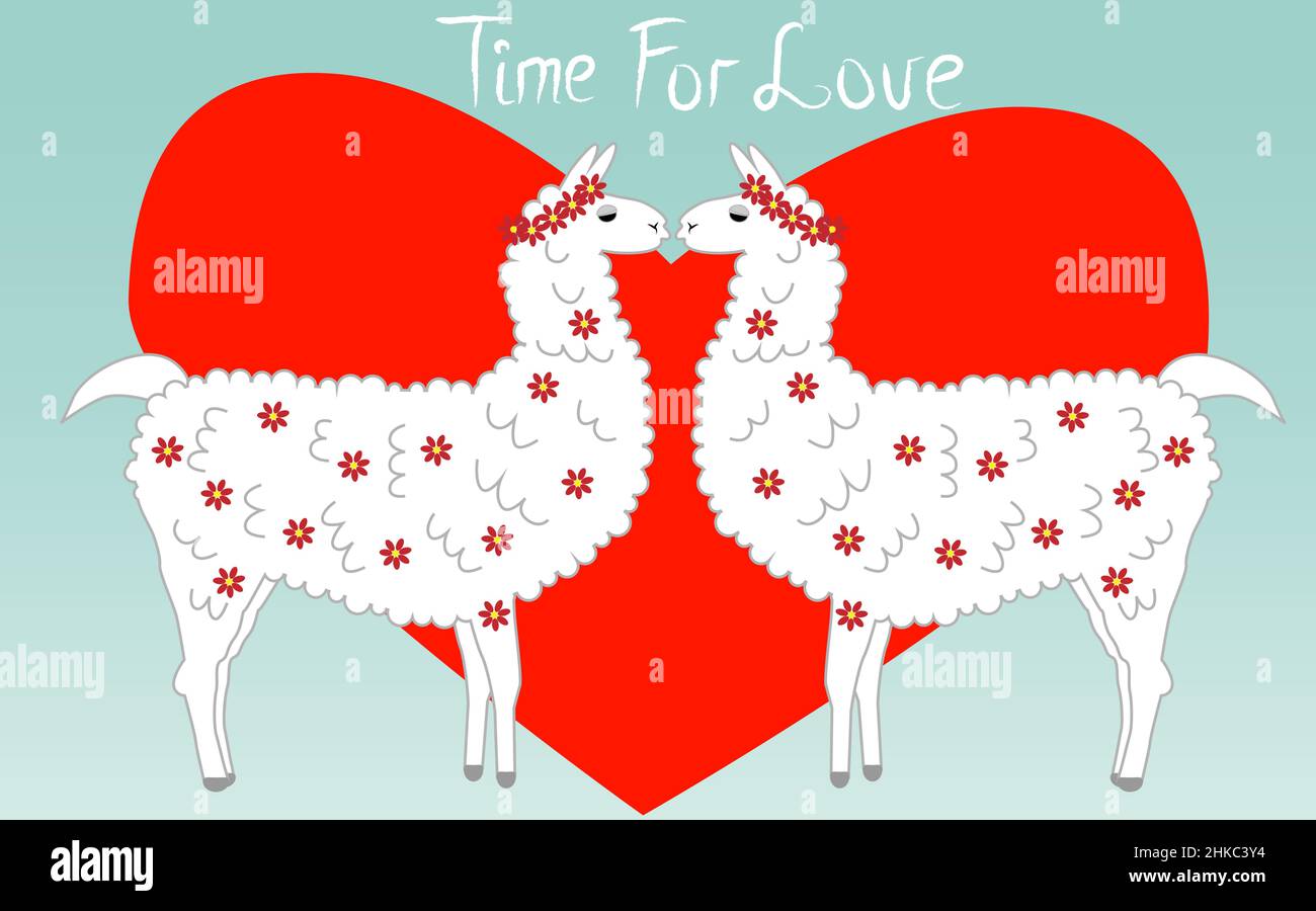 Two lovers kissing llamas surrounded by hearts. Love in the air ...
